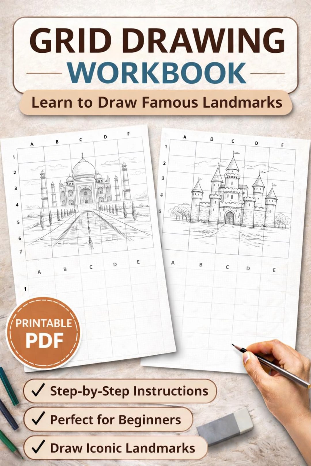 Learn to Draw Famous Landmarks | Grid Drawing Workbook Printable | Step ...