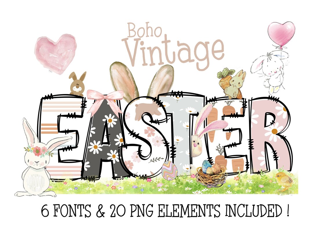 Boho Easter Bunny Alphabet PNG Font Bundle, Cute Rabbit Alpha Font ...