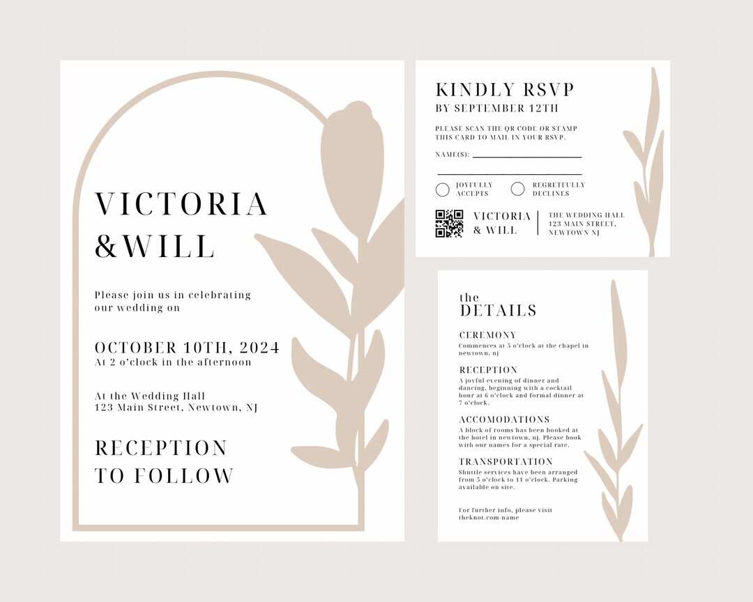 Classy Beige Wedding Invitation Template Bundle - Etsy