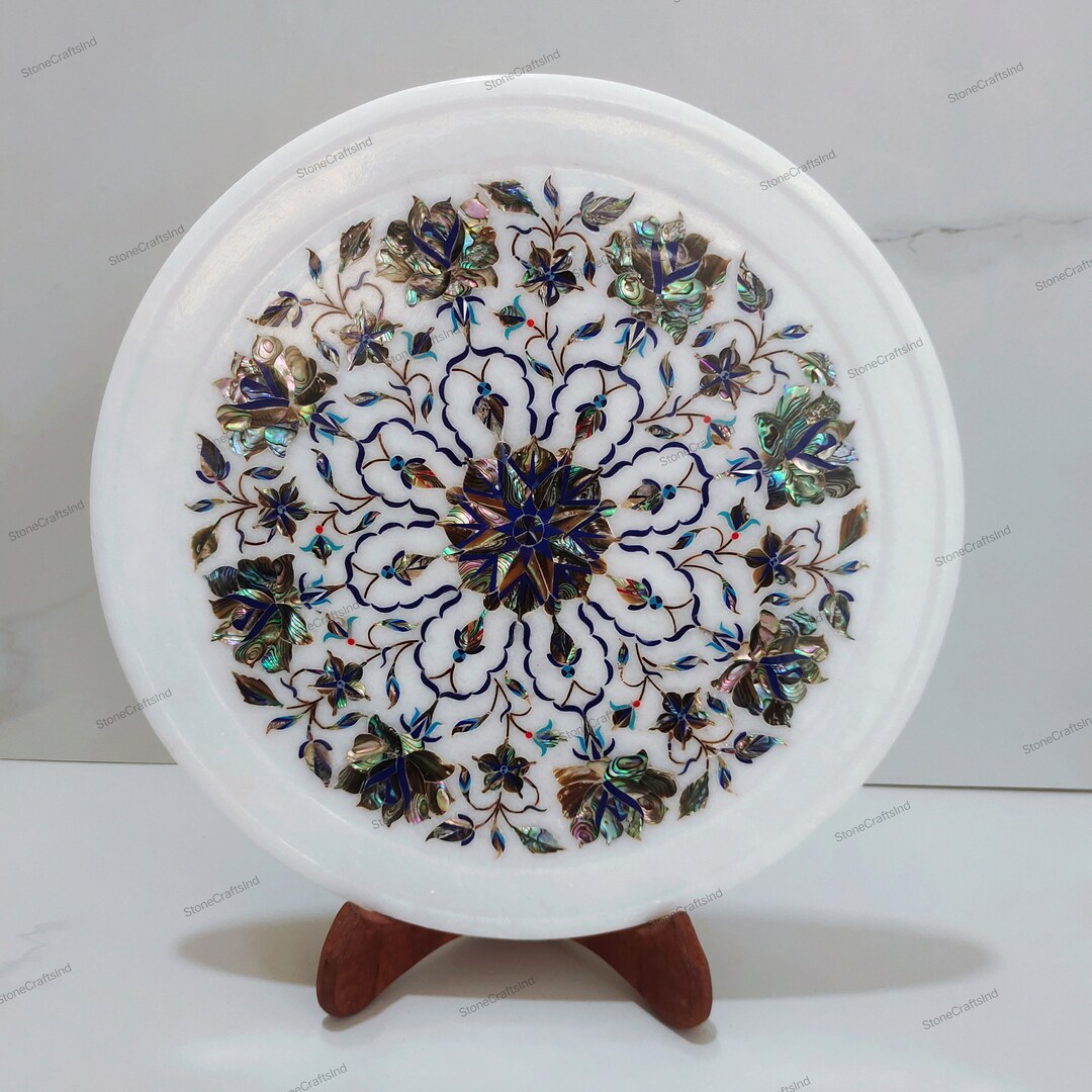 12" Beautiful Marble Inlay Plate, Decorative Handmade Abalone Shell ...