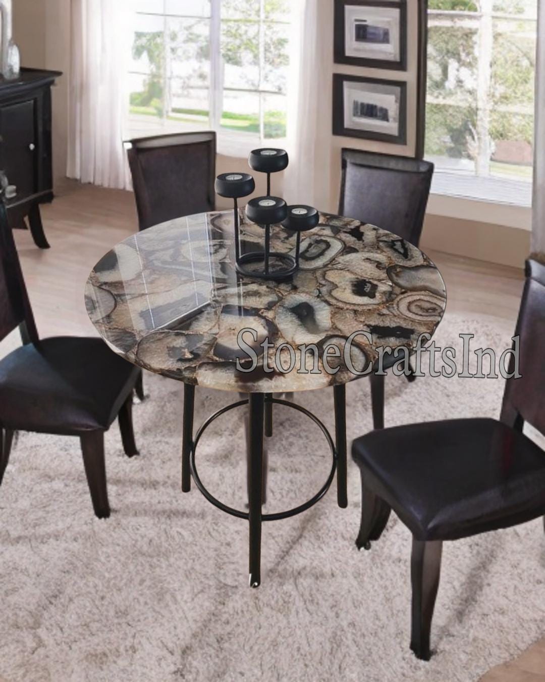 Black Agate Round Table Top, Natural Stone Coffee Table, Handmade ...