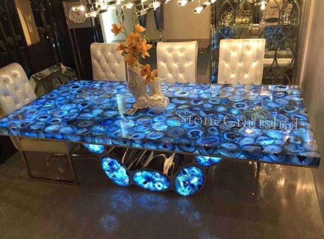 Blue Agate Dining Table Top, Stone Backlit Counter, Handmade Decor - Etsy
