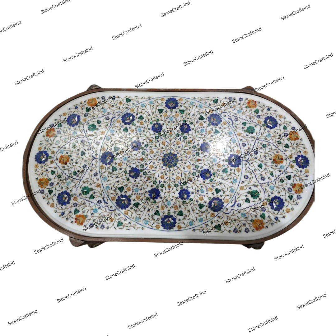 Oval Marble Inlay Coffee Center Table Top, Natural Semi Precious Stone ...