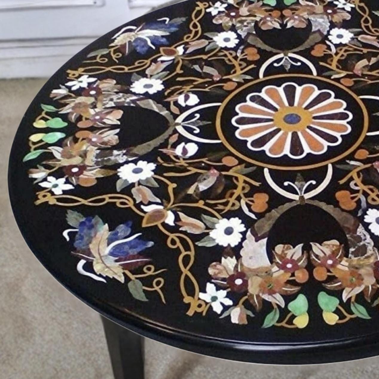 Black Marble Inlay Coffee Table, Semiprecious Stone Marquetry, Handmade ...