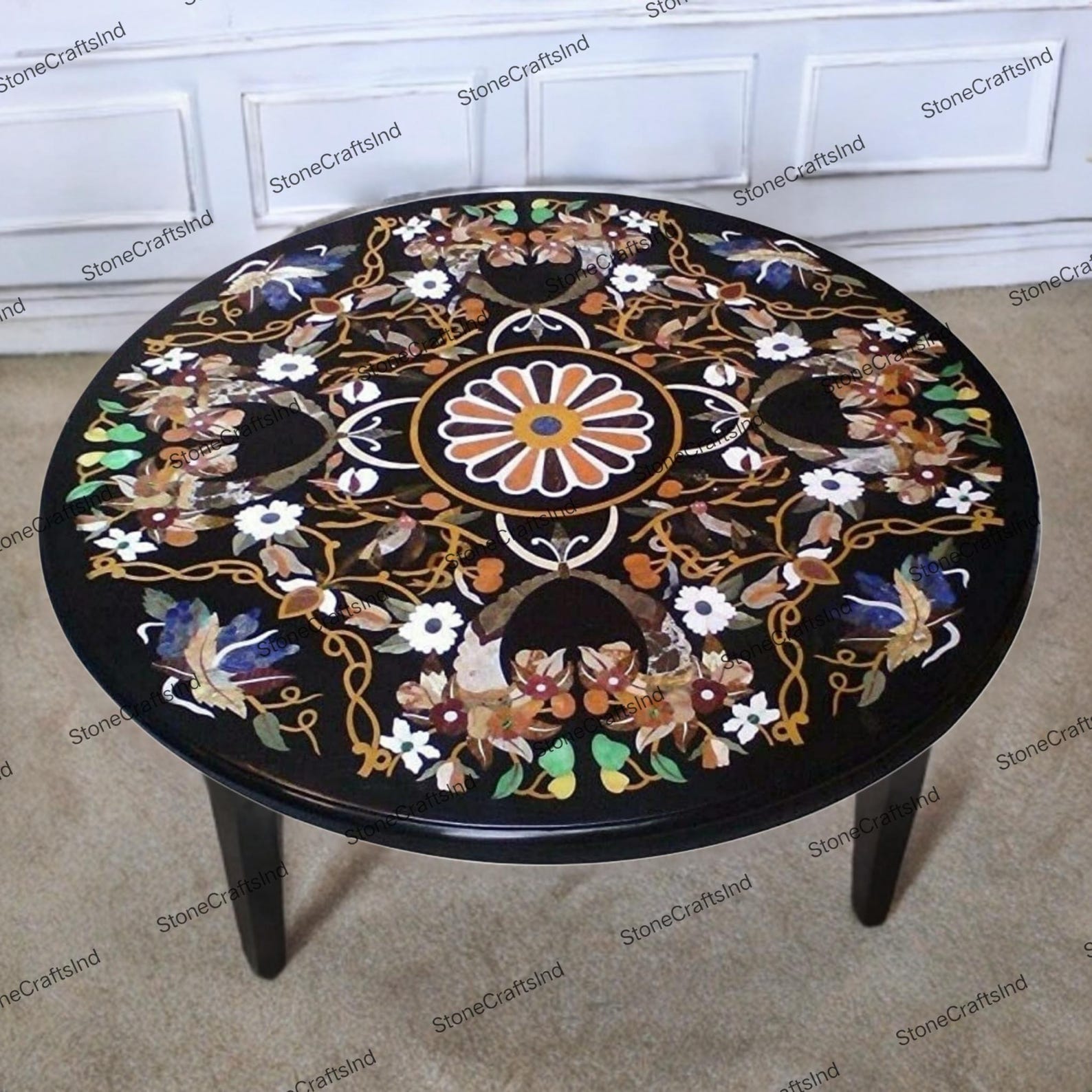 Black Marble Inlay Coffee Table, Semiprecious Stone Marquetry, Handmade ...