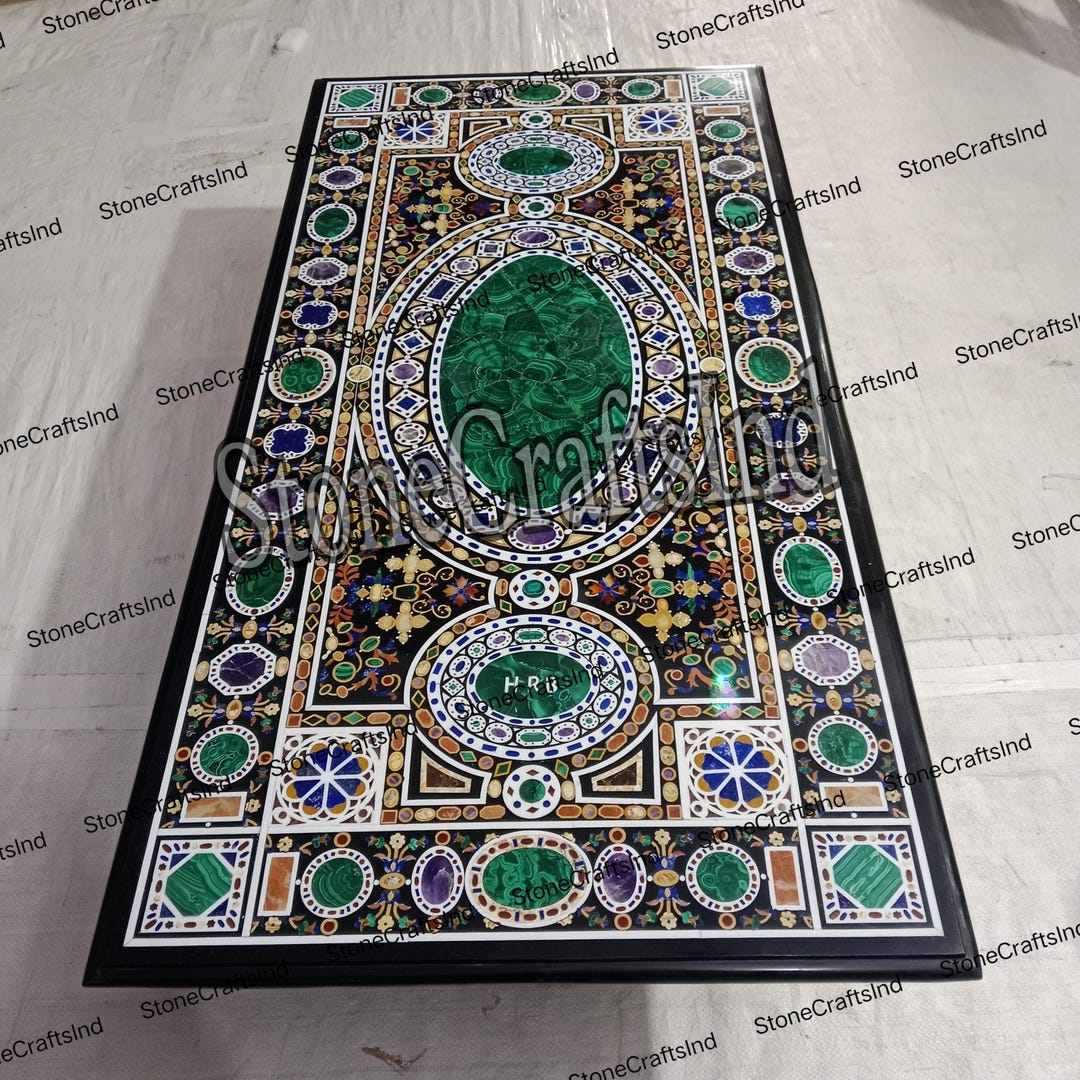 Black Marble Inlay Dining Table Top, Marquetry Art, Semi Precious ...