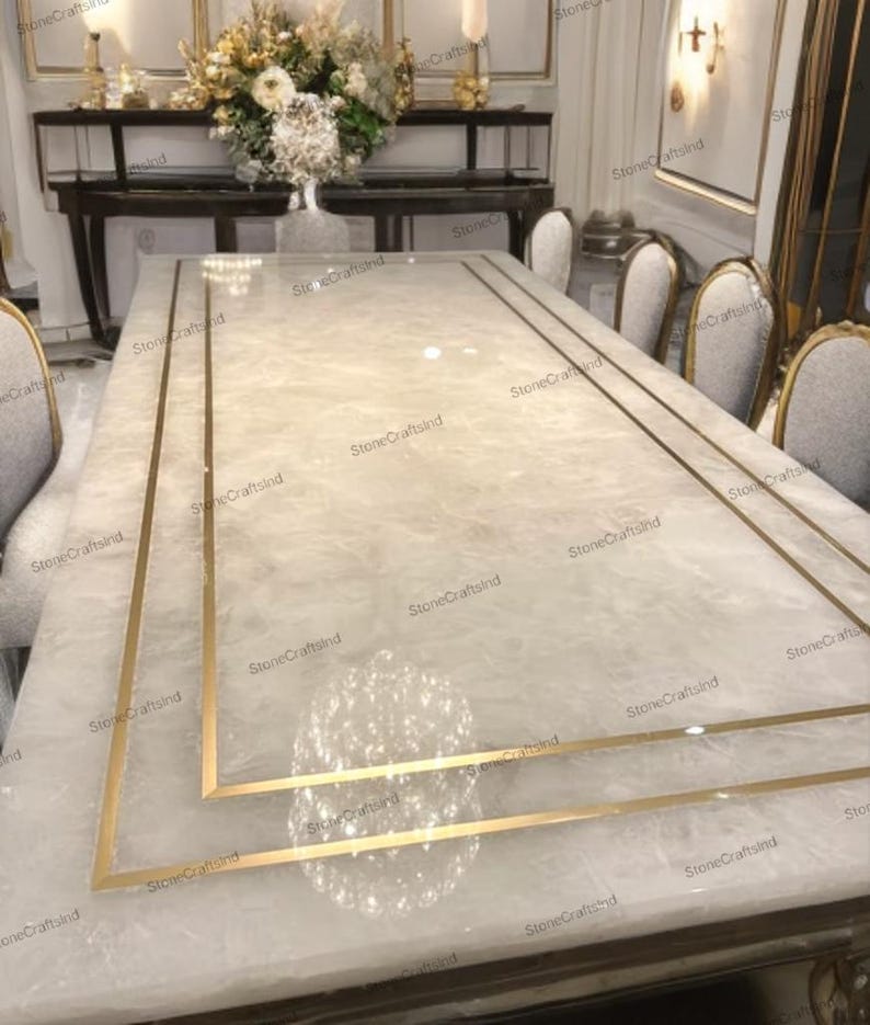 White Quartz Stone & Brass Inlay Dining Table Top / Luxury Living Room ...