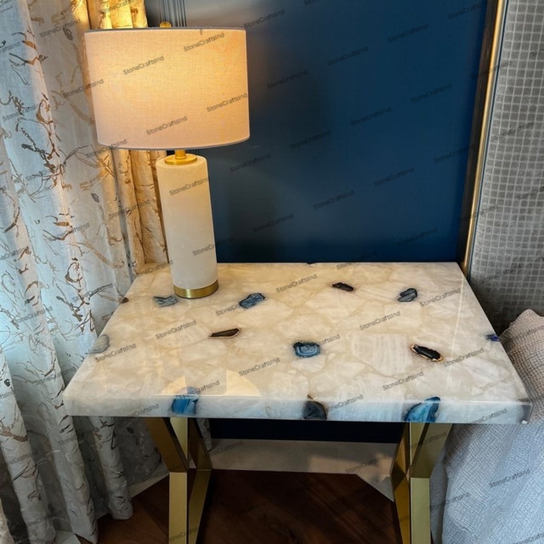 White Quartz Dining Table Top, Crystal Quartz & Blue Agate Coffee Table ...