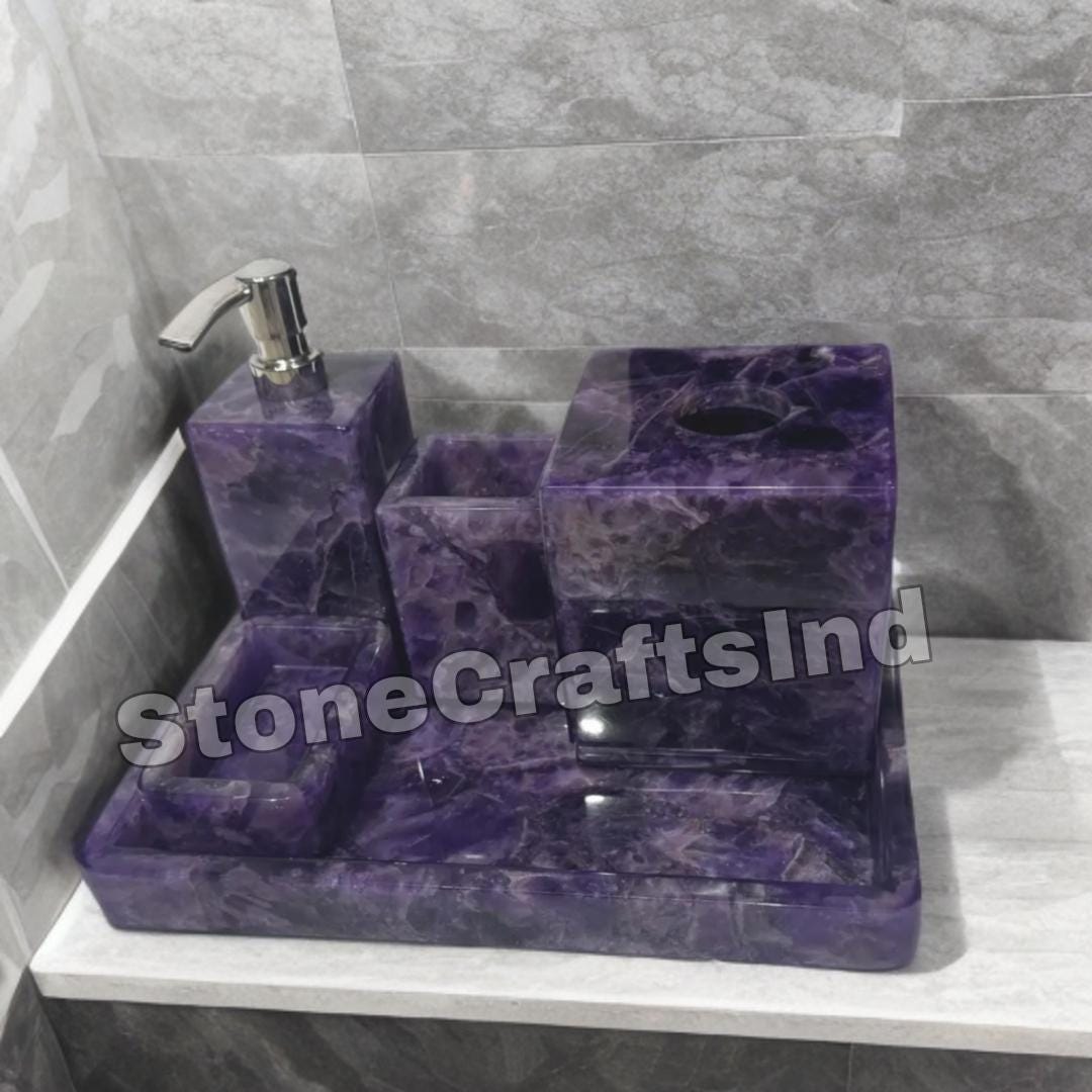 Handmade Amethyst Stone Bathroom Set, 5 Piece Vanity Decor - Etsy
