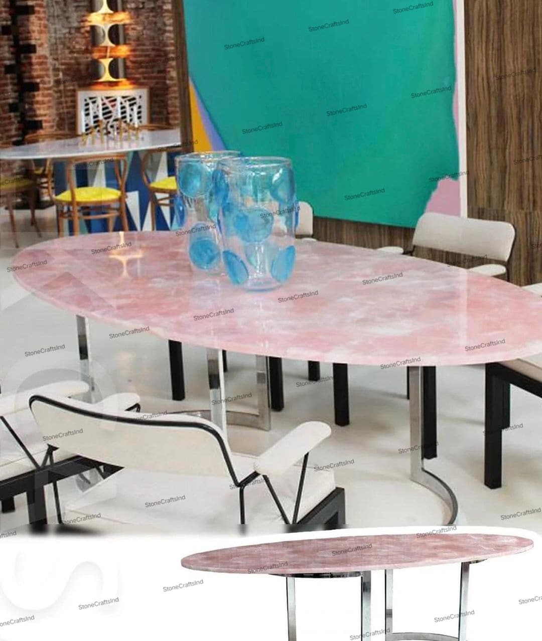 Oval Shape Pink Rose Quartz Dining Table Top, Pink Quartz Coffee Table ...