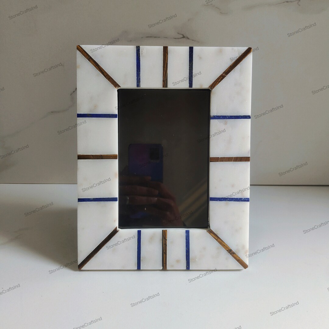 Marble Picture Frame / Lapis Lazuli & Tiger Eye Inlay Decorative Photo ...