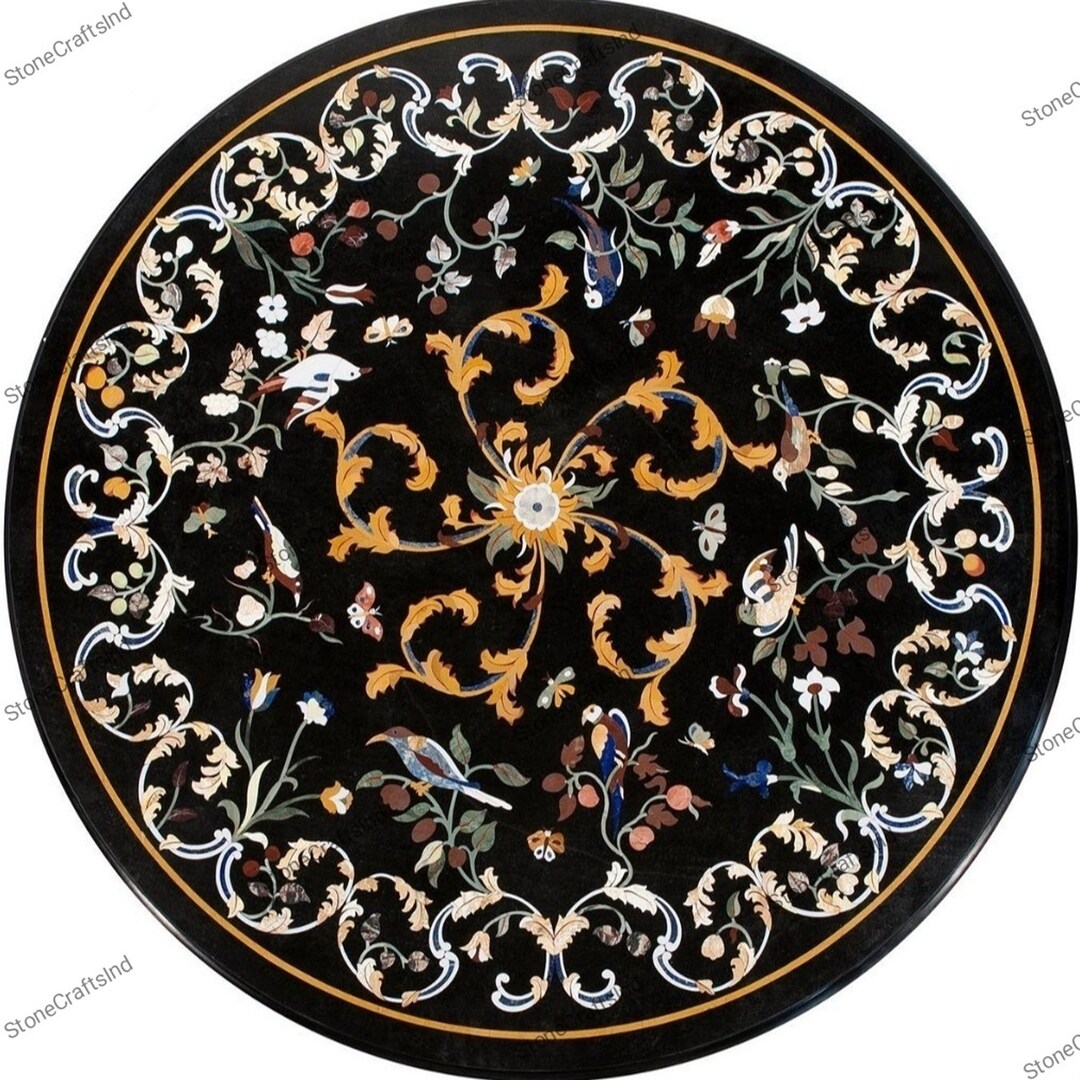 Black Marble Inlay Coffee Dining Table Top / Natural Gemstones Italian ...