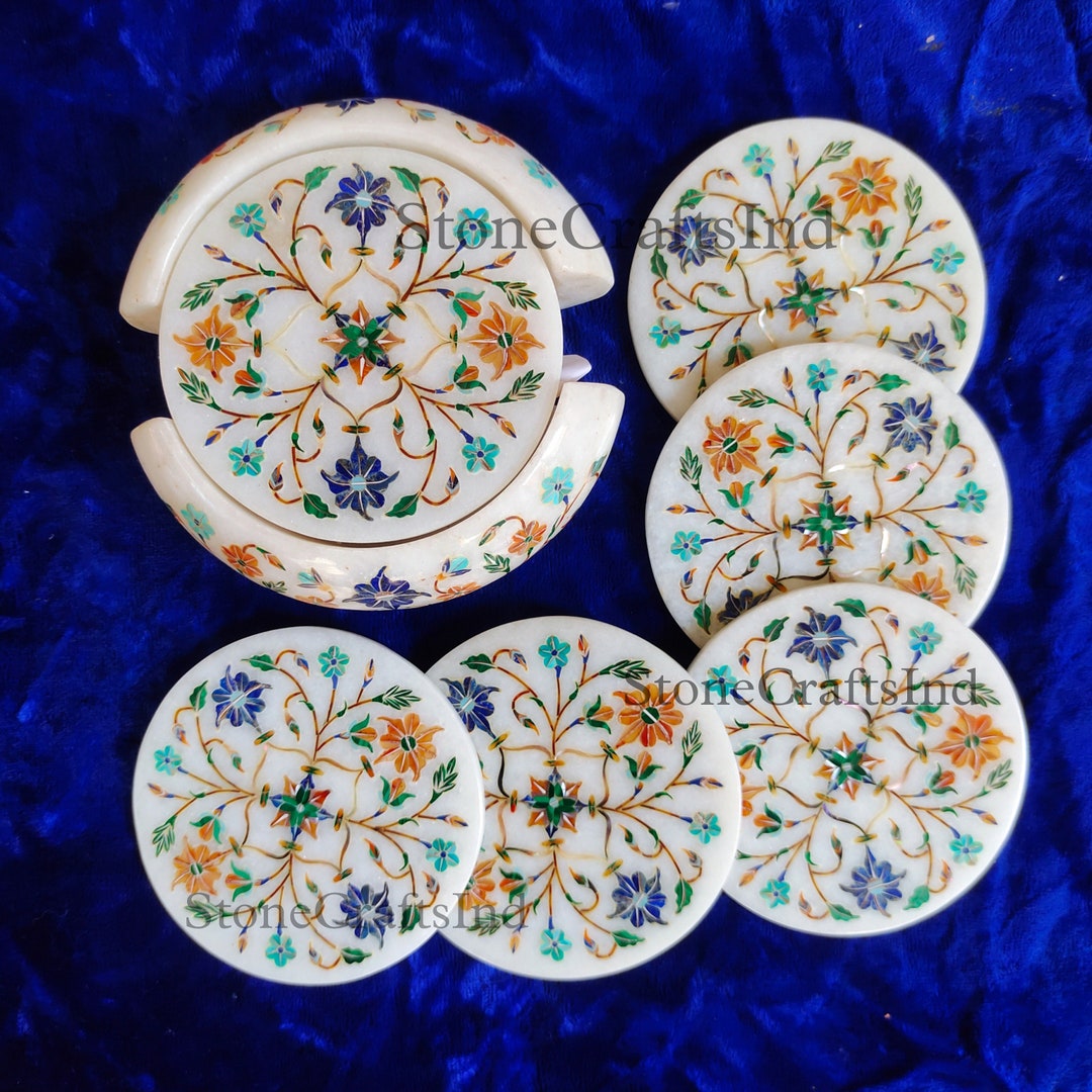 White Marble Inlay Coaster Set (6 Coasters and 1 Holder) Handmade Inlay ...