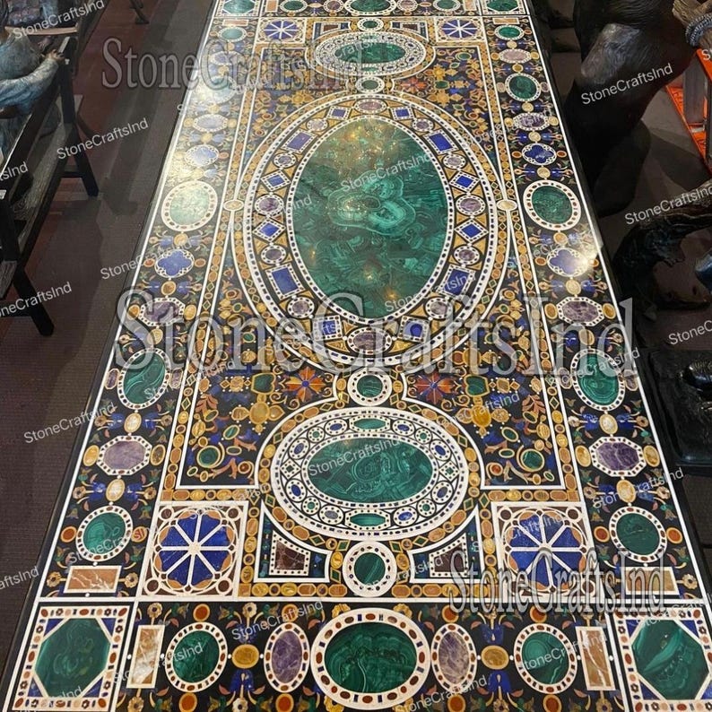 Black Marble Inlay Dining Table Top, Marquetry Art Inlaid With Natural ...