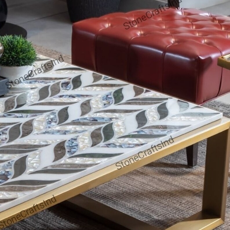 White Marble Inlay Coffee Table Top / Square Mother of Pearl Inlay ...