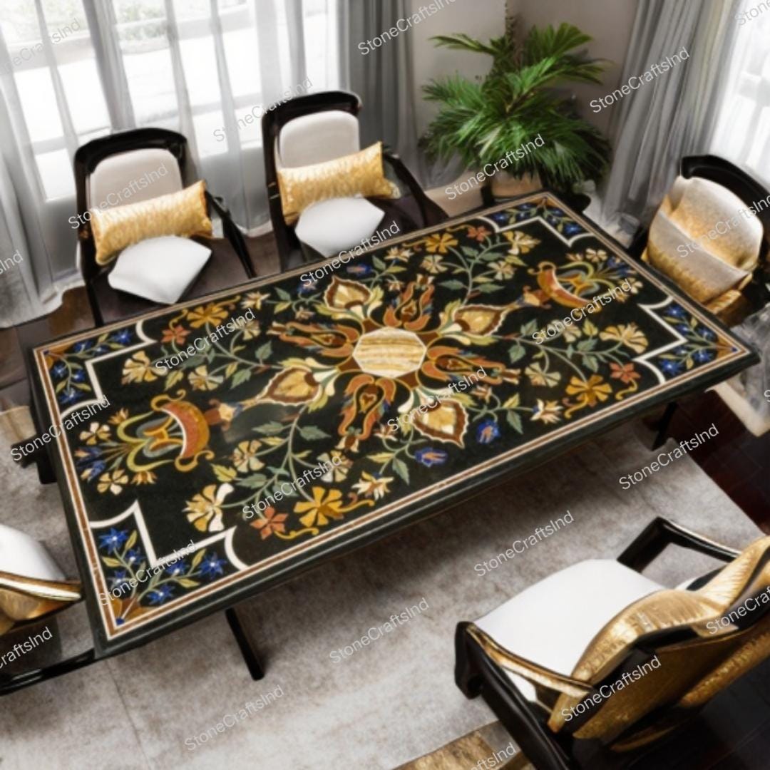 Black Marble Inlay Dining Table Top, Pietra Dura Semiprecious Stone - Etsy