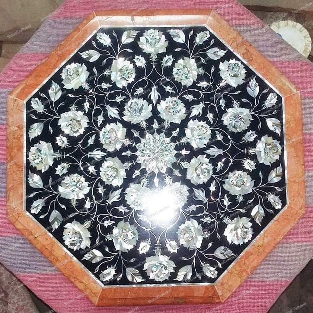 Black Marble Mother of Pearl Inlay Table Top / Handmade Mop Side Table ...