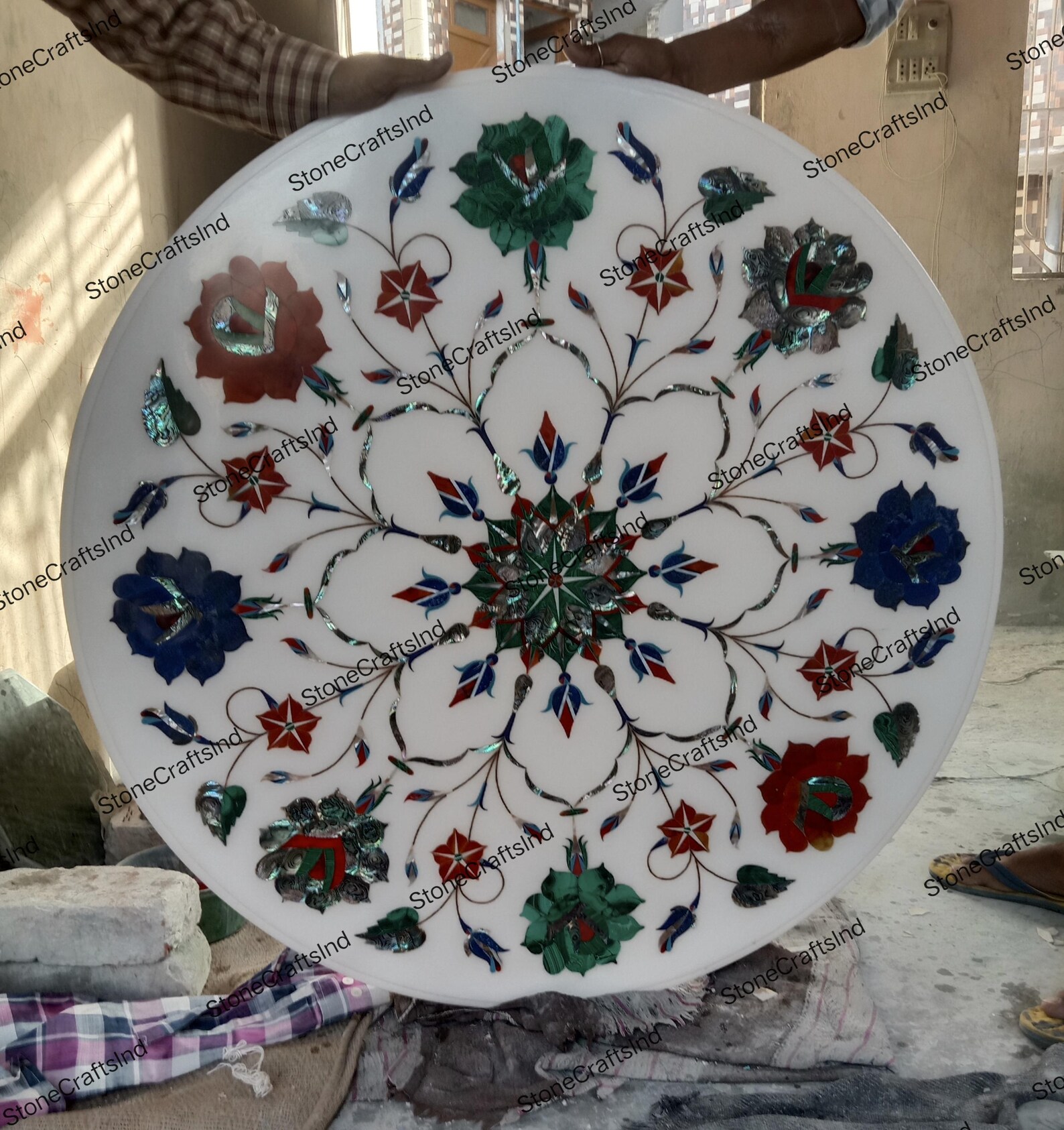 White Marble Inlay Coffee Dining Table Top, Natural Semi Precious ...