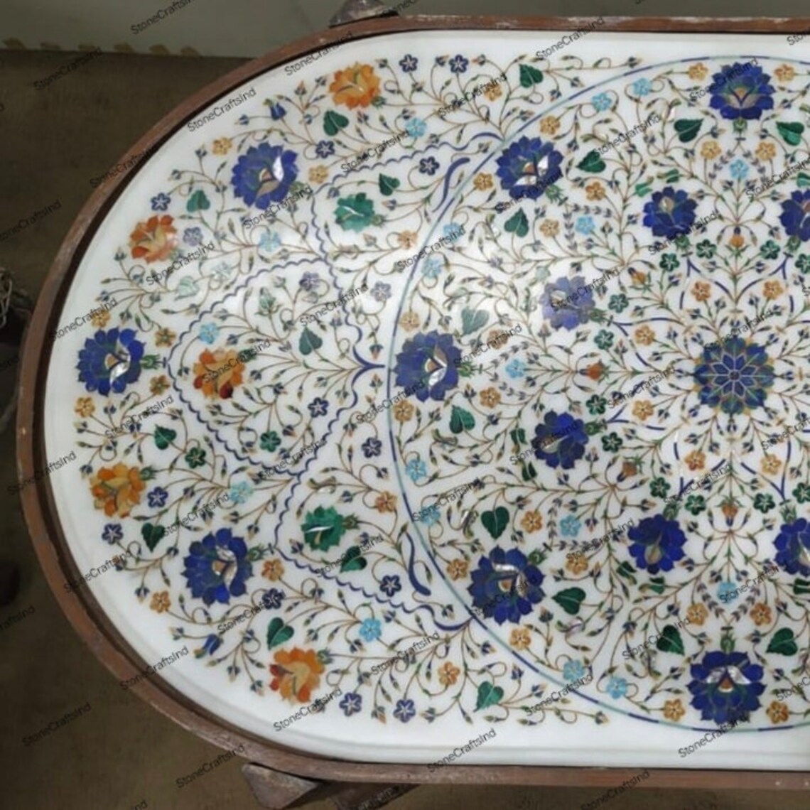 Oval Marble Inlay Coffee Center Table Top, Natural Semi Precious Stone ...