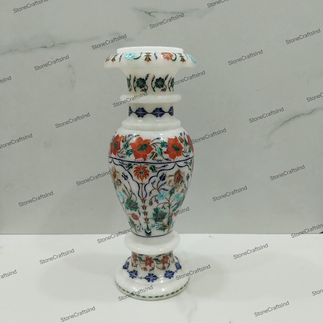 15" Marble Inlay Flower Vase Pot for Centerpiece, Natural Semiprecious ...