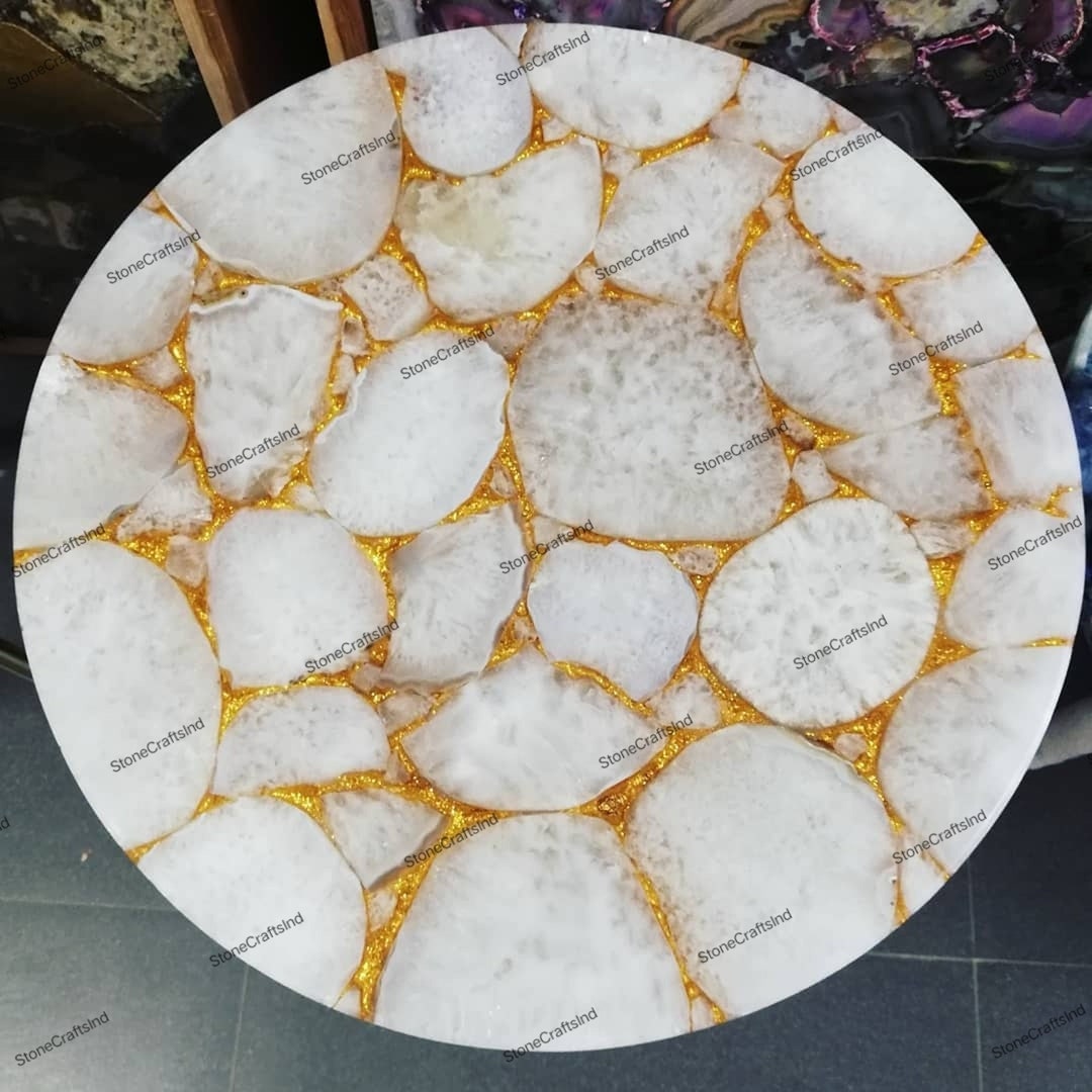 White Quartz Round Dining Table Top, Crystal Quartz Coffee Side Table, Center Table, Hallway ...