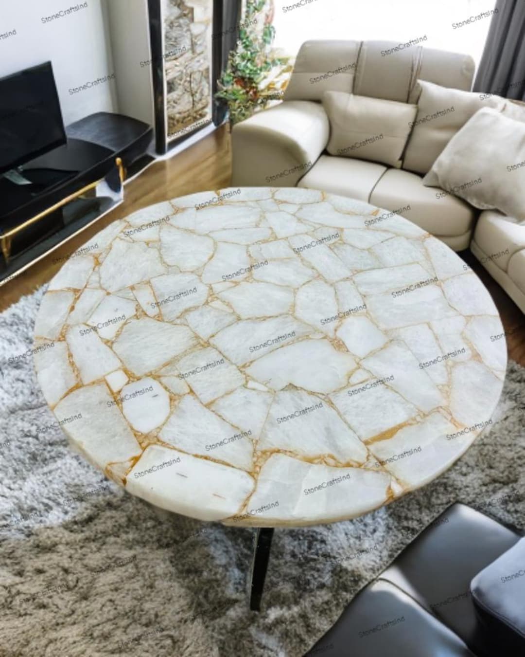 Handmade White Quartz Round Table Top, Natural Stone Dining Furniture ...