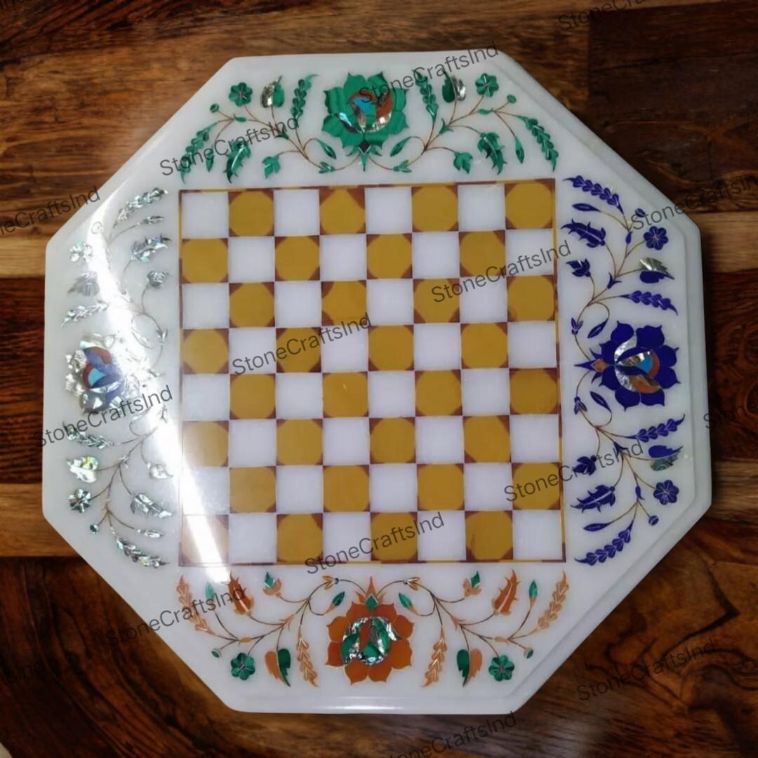 Marble Inlay Chess Table Set, Marquetry Work Inlaid With Natural ...