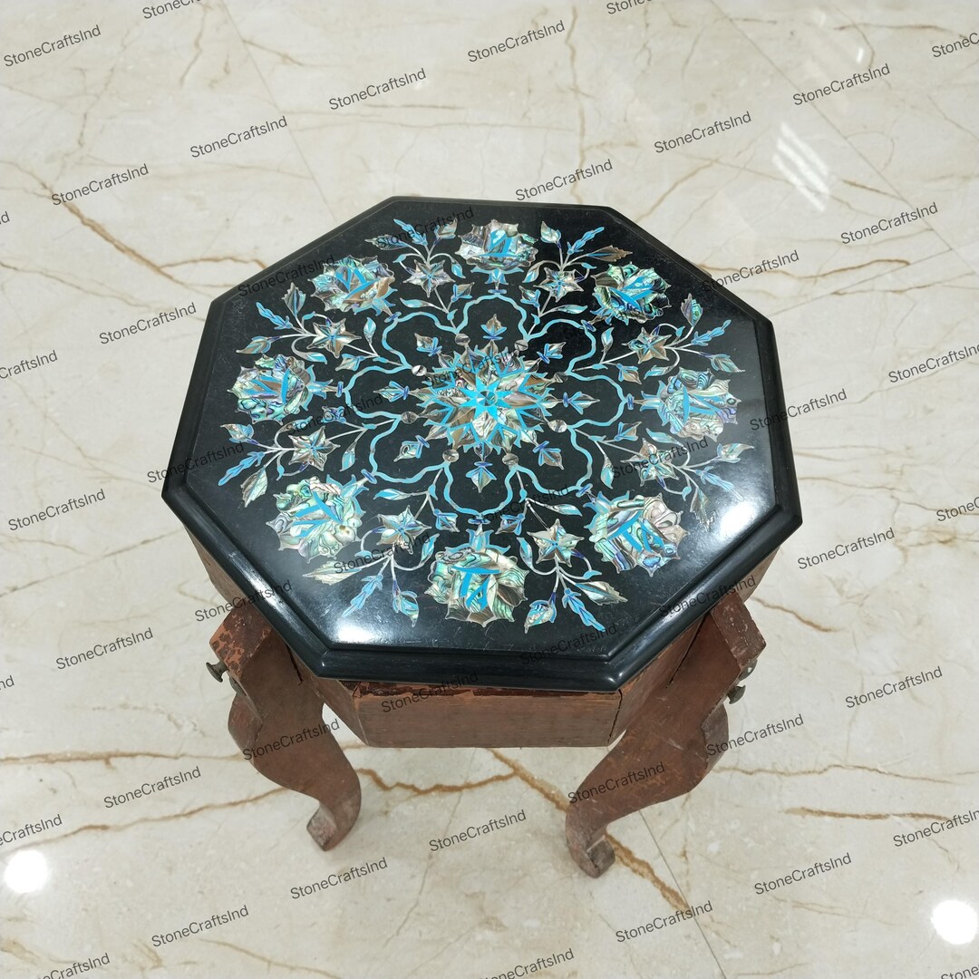 Black Marble Abalone Shell Inlay Table Top, Marquetry Work Inlaid ...