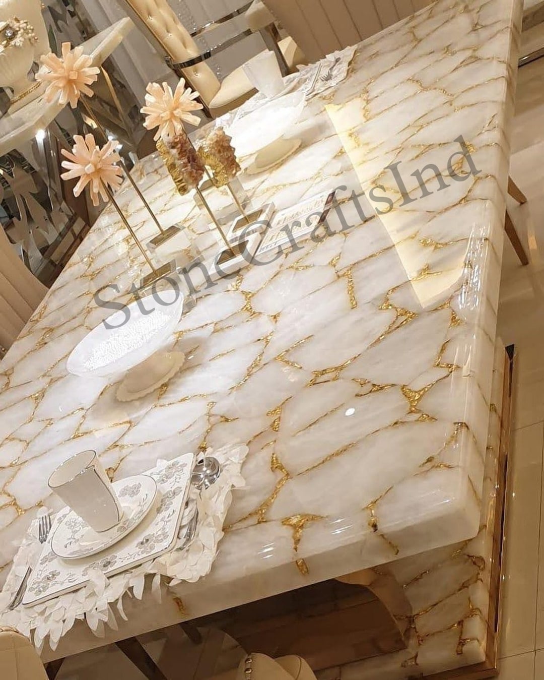 White Agate Dining Table Top, Agate Coffee Table, Center Table, Console ...