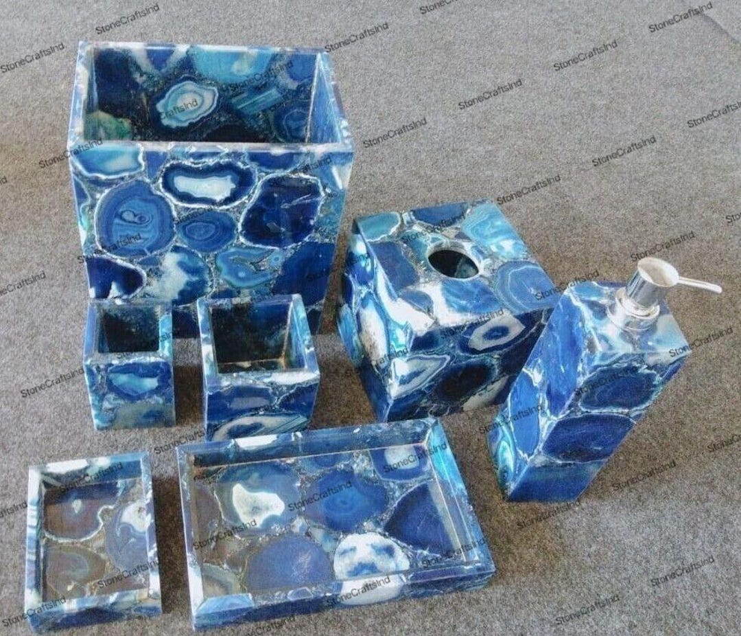 Handmade Blue Agate Stone Bathroom Set, 7 Piece Vanity Decor - Etsy