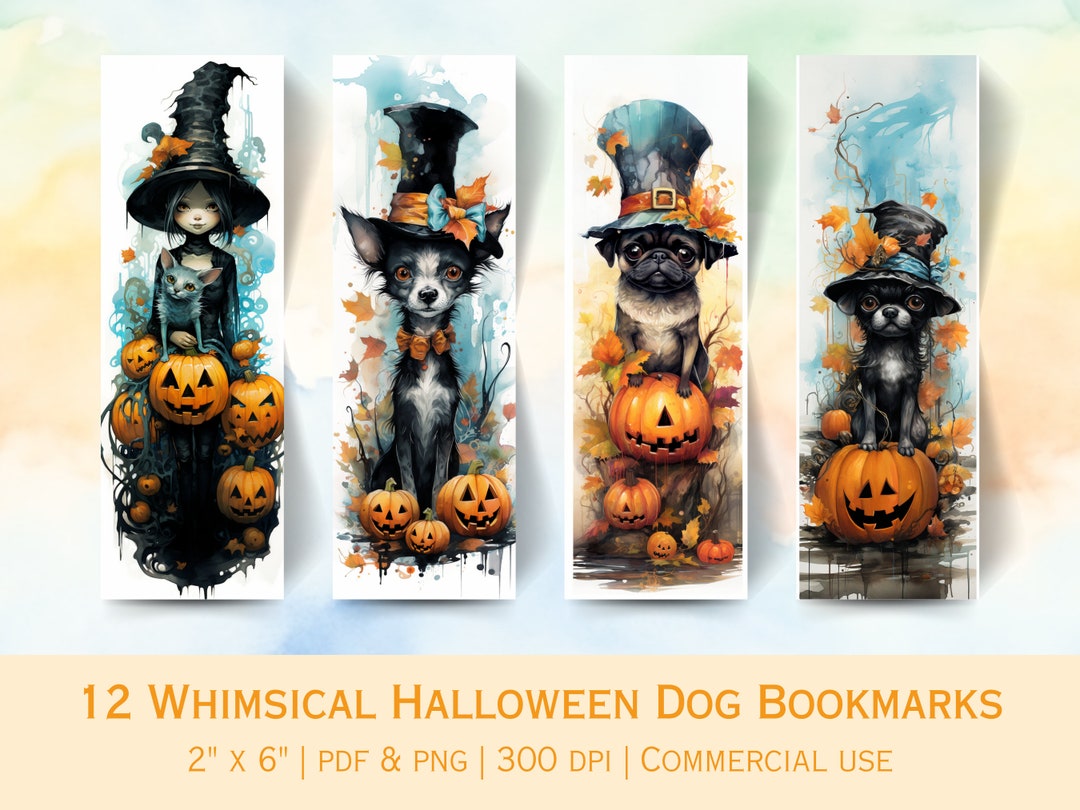 12 Cute Halloween Dog Printable Bookmarks - Whimsical Illustrations ...