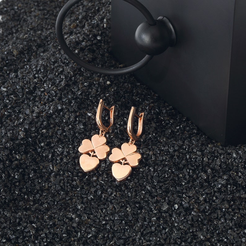 Clover Earring, 4 Leaf Heart Good Luck Clover, 14k Rose Gold Plated 925 ...