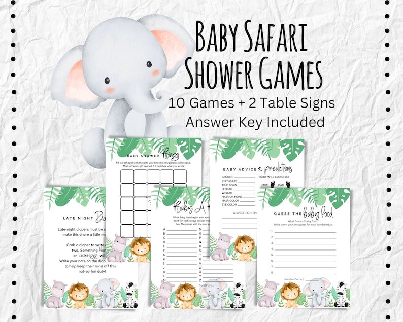 Baby Safari Themed Baby Shower Games With Answer Key and Table Signs ...