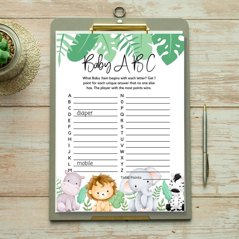 Baby Safari Themed Baby Shower Games With Answer Key and Table Signs ...