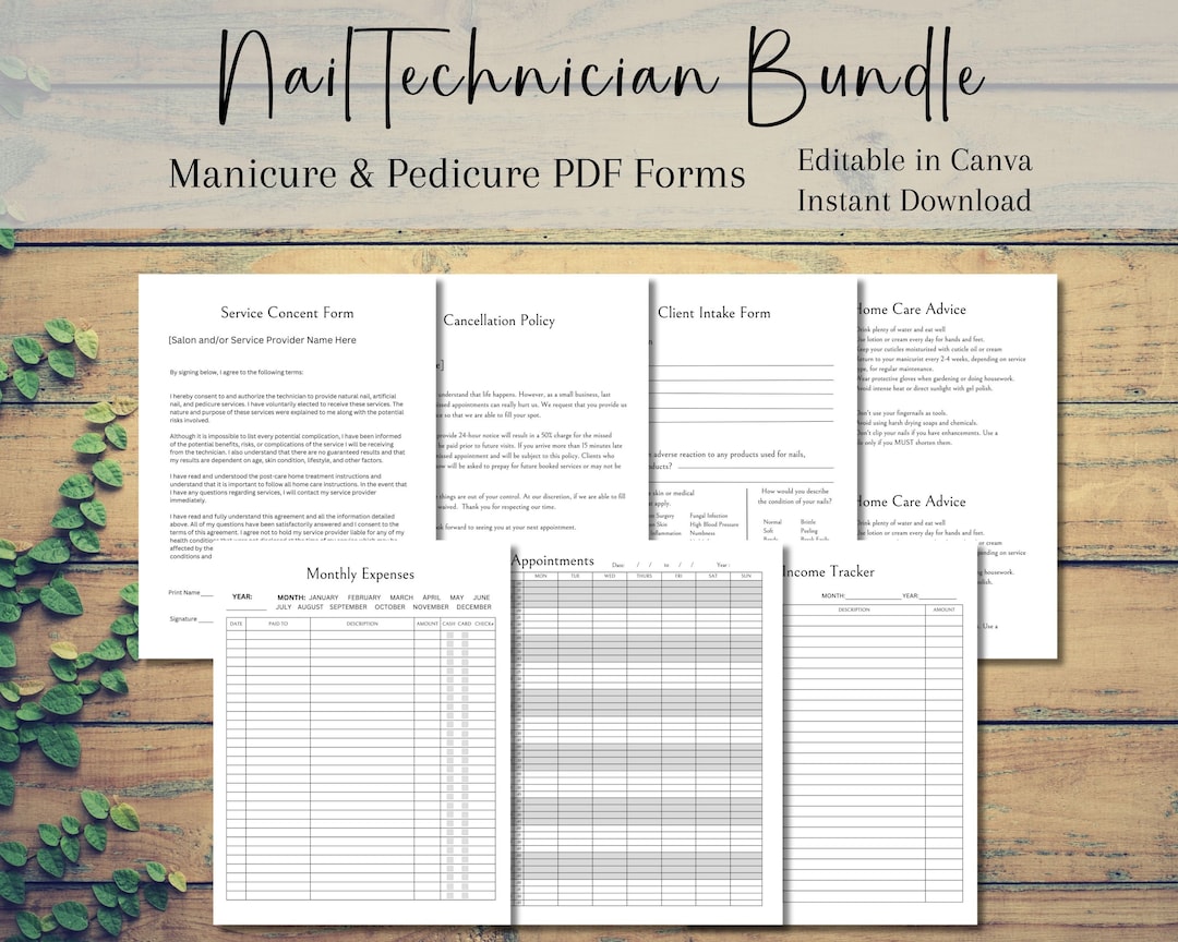Nail Technician Forms Bundle for Salon Clients Simple Design Service ...