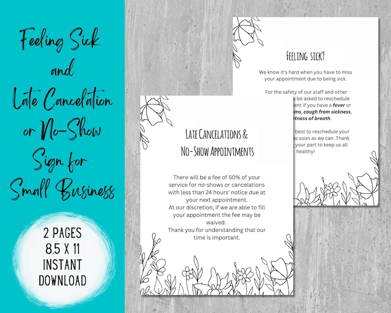 Salon Client Notice for Appointment No Show and Sick Policy Forms Late ...