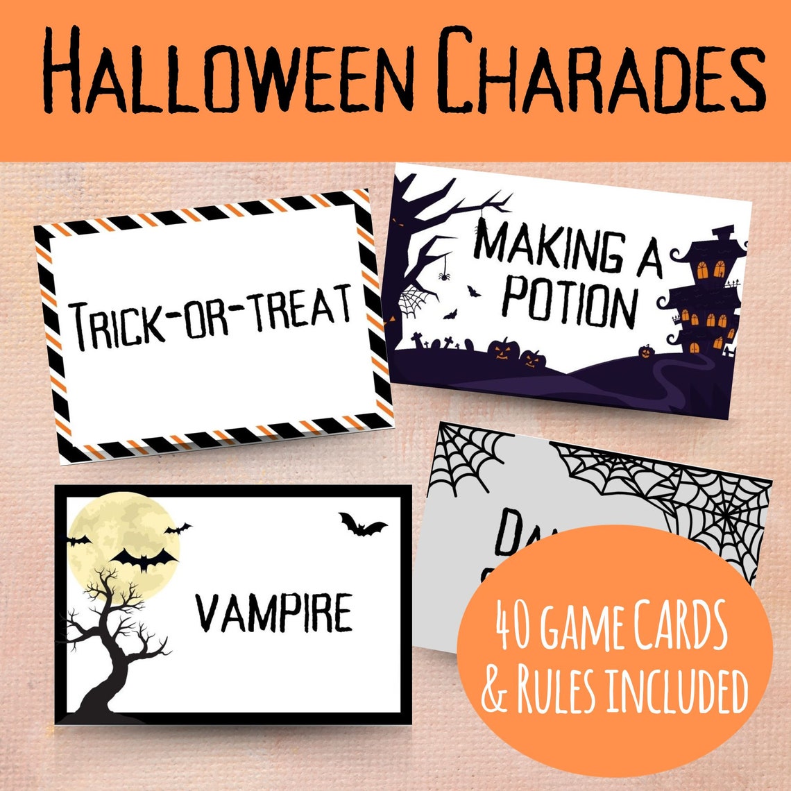 Printable Halloween Charades Game for Kids and Adults 40 Word Cues - Etsy