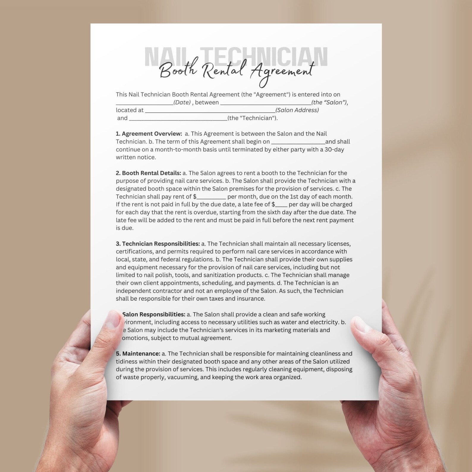 Salon Booth Rental Agreement Nail Tech Space Lease Hair Stylist ...