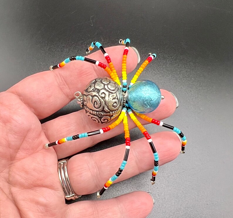 Bright Pattern Spider With Carved Brass Bead - Etsy