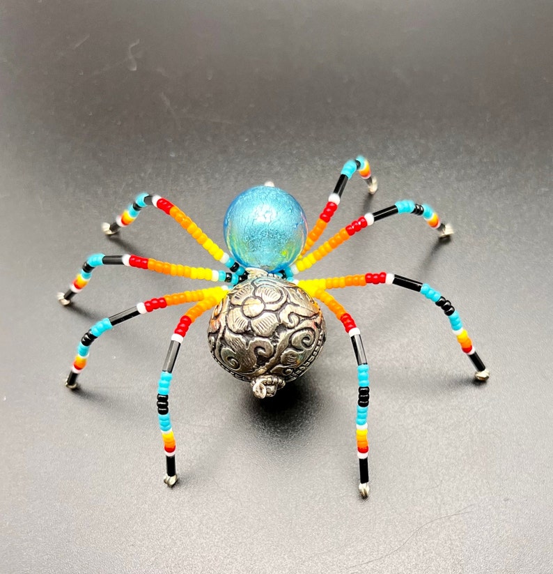 Bright Pattern Spider With Carved Brass Bead - Etsy