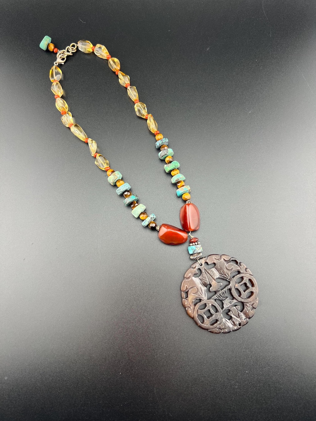 Carved Jade Bat Medallion Necklace With Citrine, Turquoise, Goldstone ...