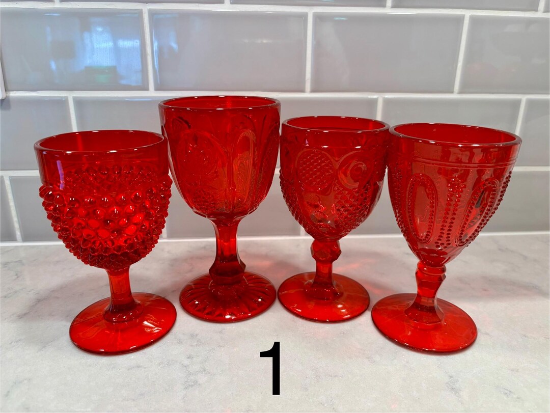 Vintage Ruby Red Pressed Glass Goblets: Fenton, LG Wright, Viking ...
