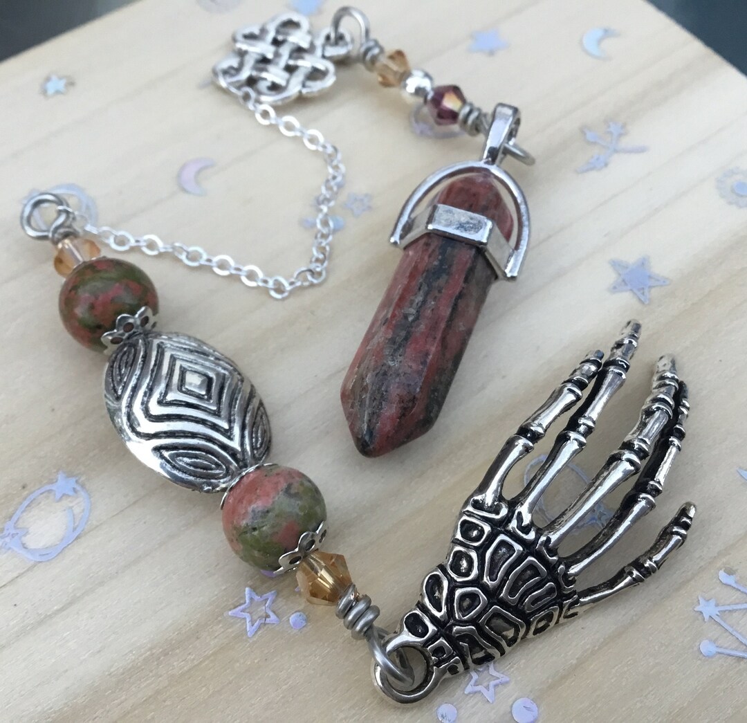 Black Tourmaline and Black Jasper Faceted Point Pendulum, Unakite Beads, Silver Skeleton Hand ...