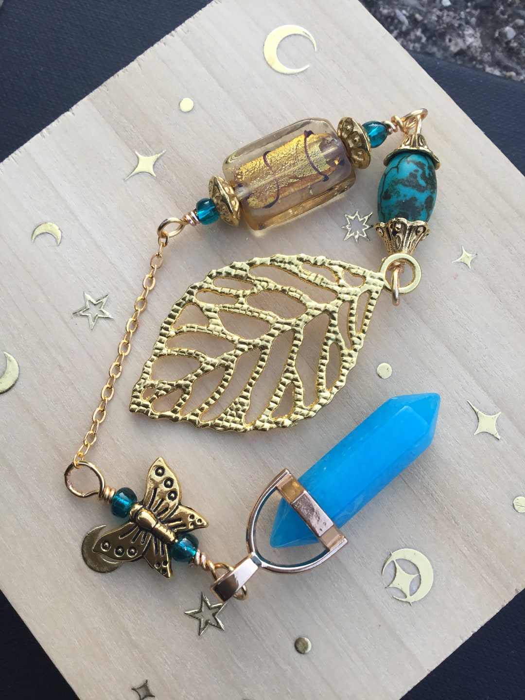 Turquoise Faceted Crystal Pendulum Gold Plated Chain Gold Leaf Pendant ...