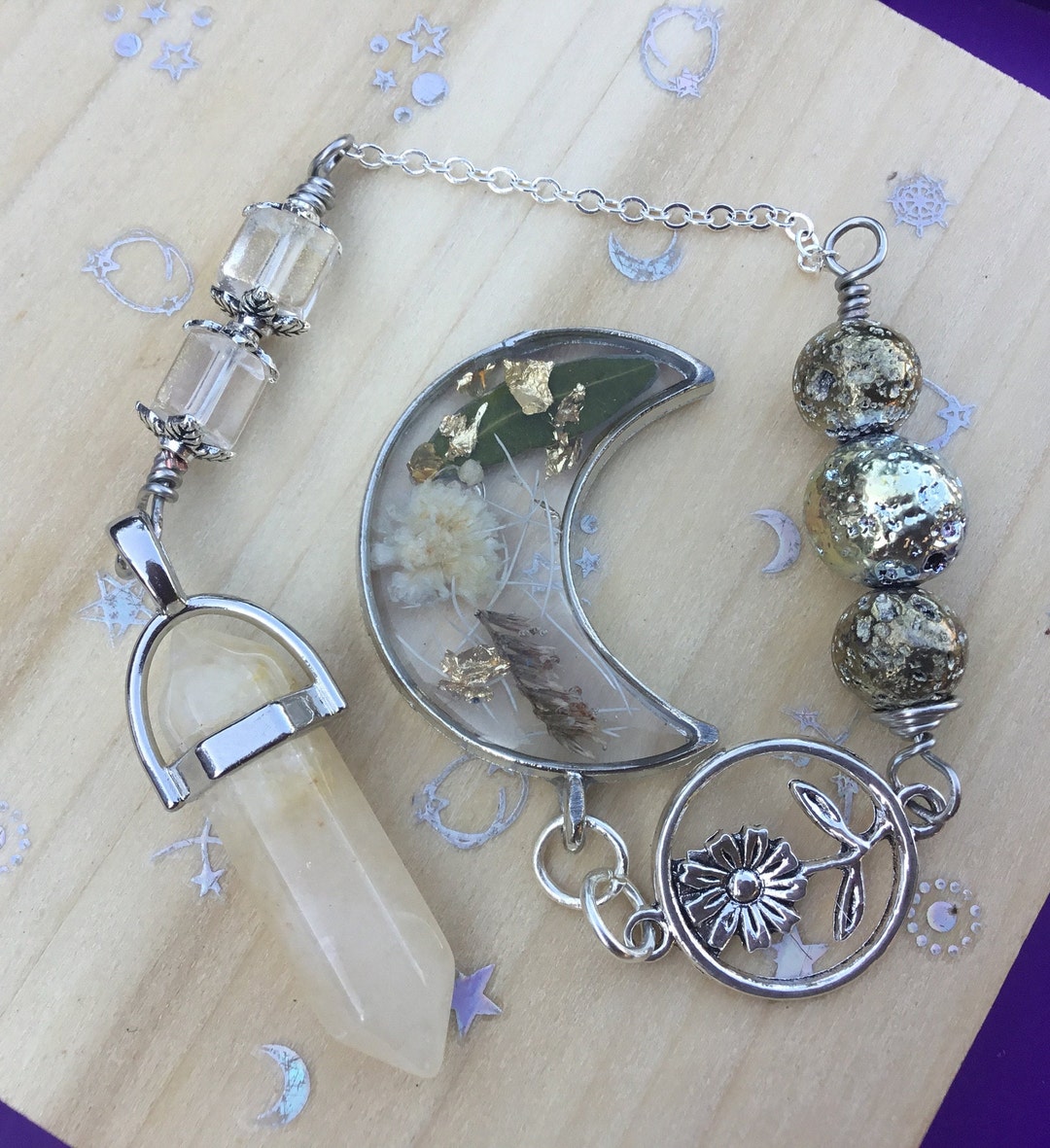 Yellow Calcite Crystal Pendulum Silver Chain Resin Flower Pendant ...