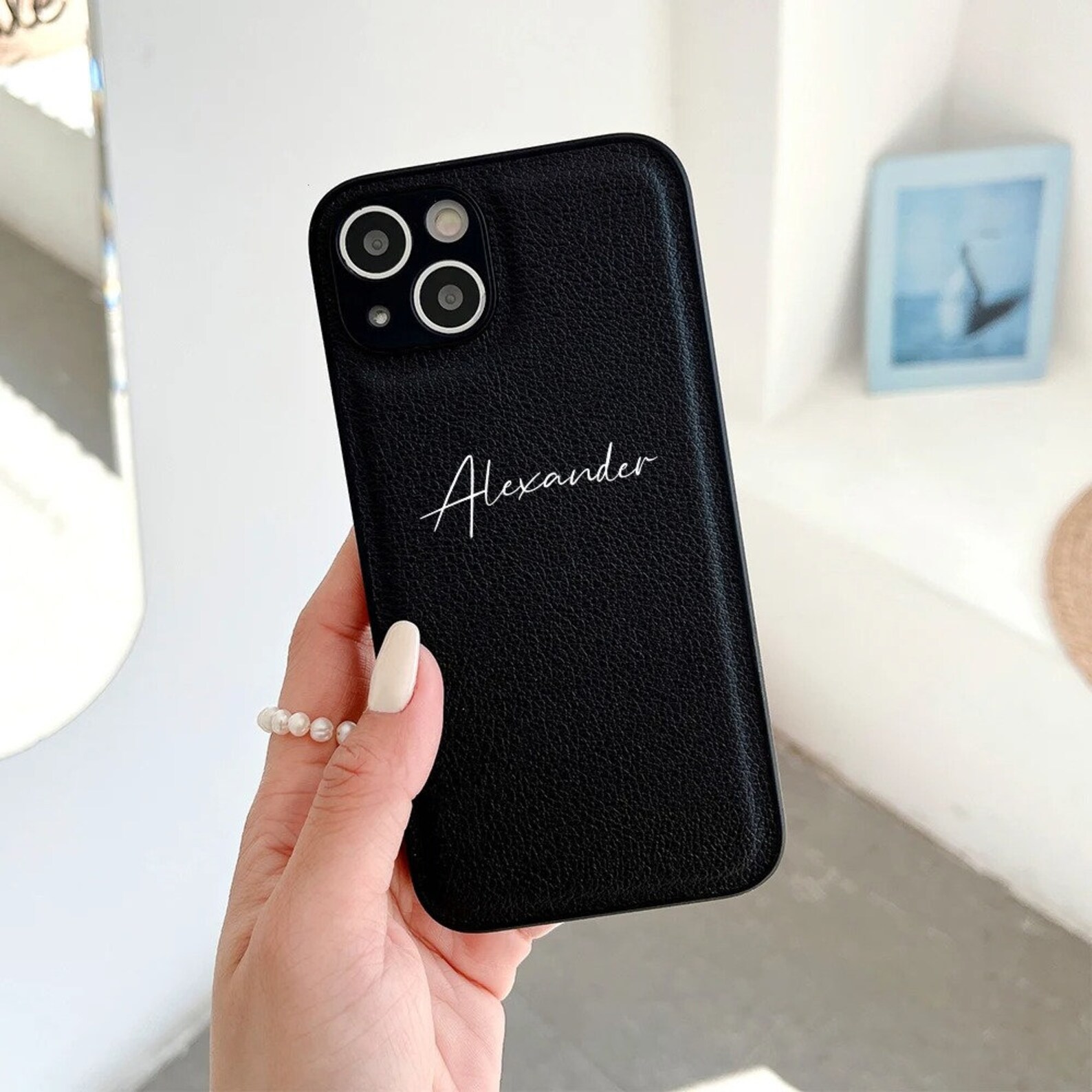 Personalized Name in Cursive Leather Phone Case for iPhone 15 14 13 12 ...