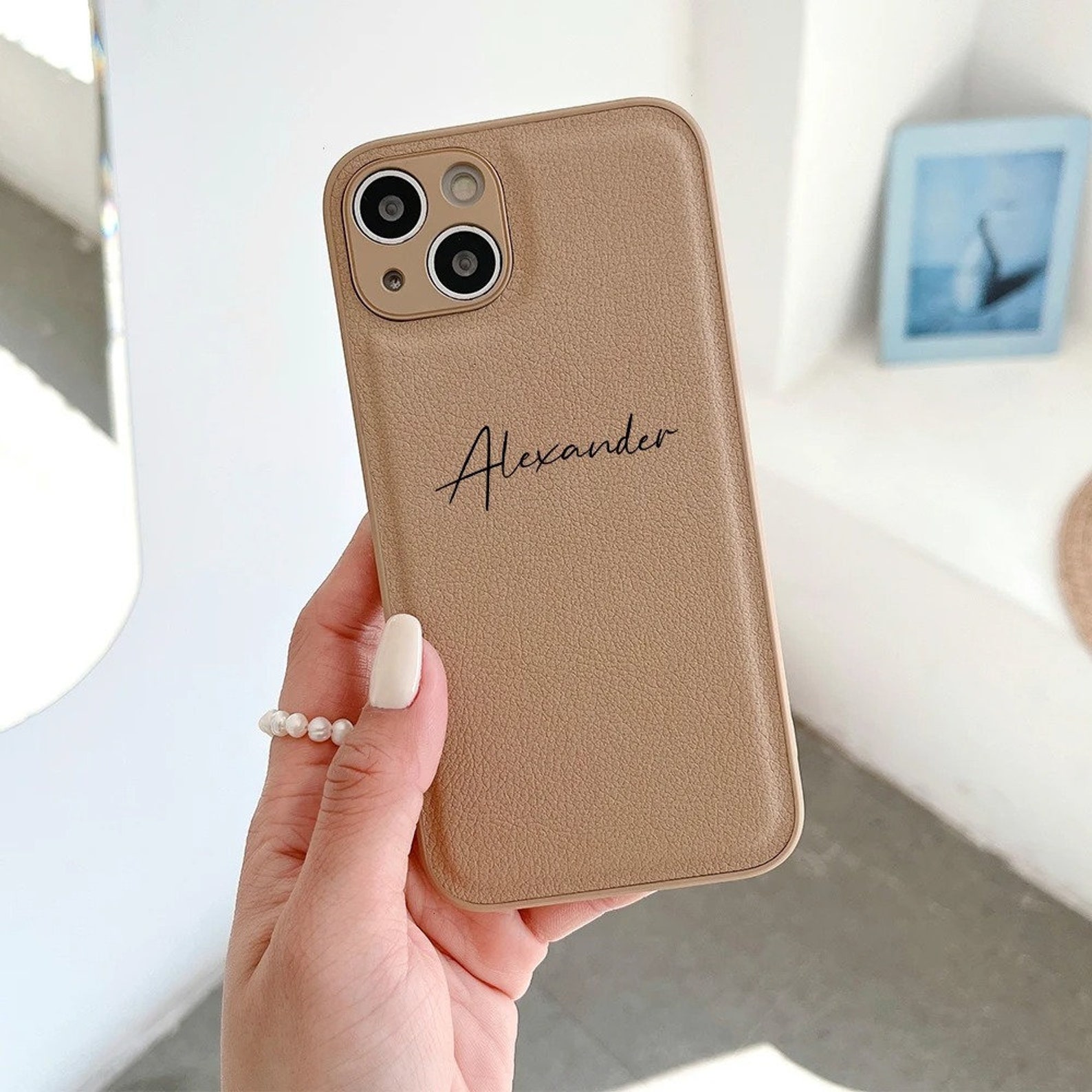 Personalized Name in Cursive Leather Phone Case for iPhone 15 14 13 12 ...