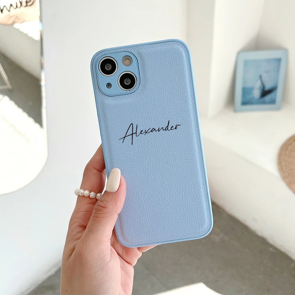 Personalized Name in Cursive Leather Phone Case for iPhone 15 14 13 12 ...