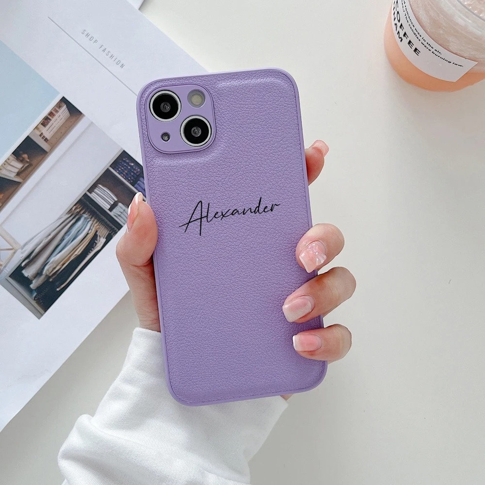 Personalized Name in Cursive Leather Phone Case for iPhone 15 14 13 12 ...