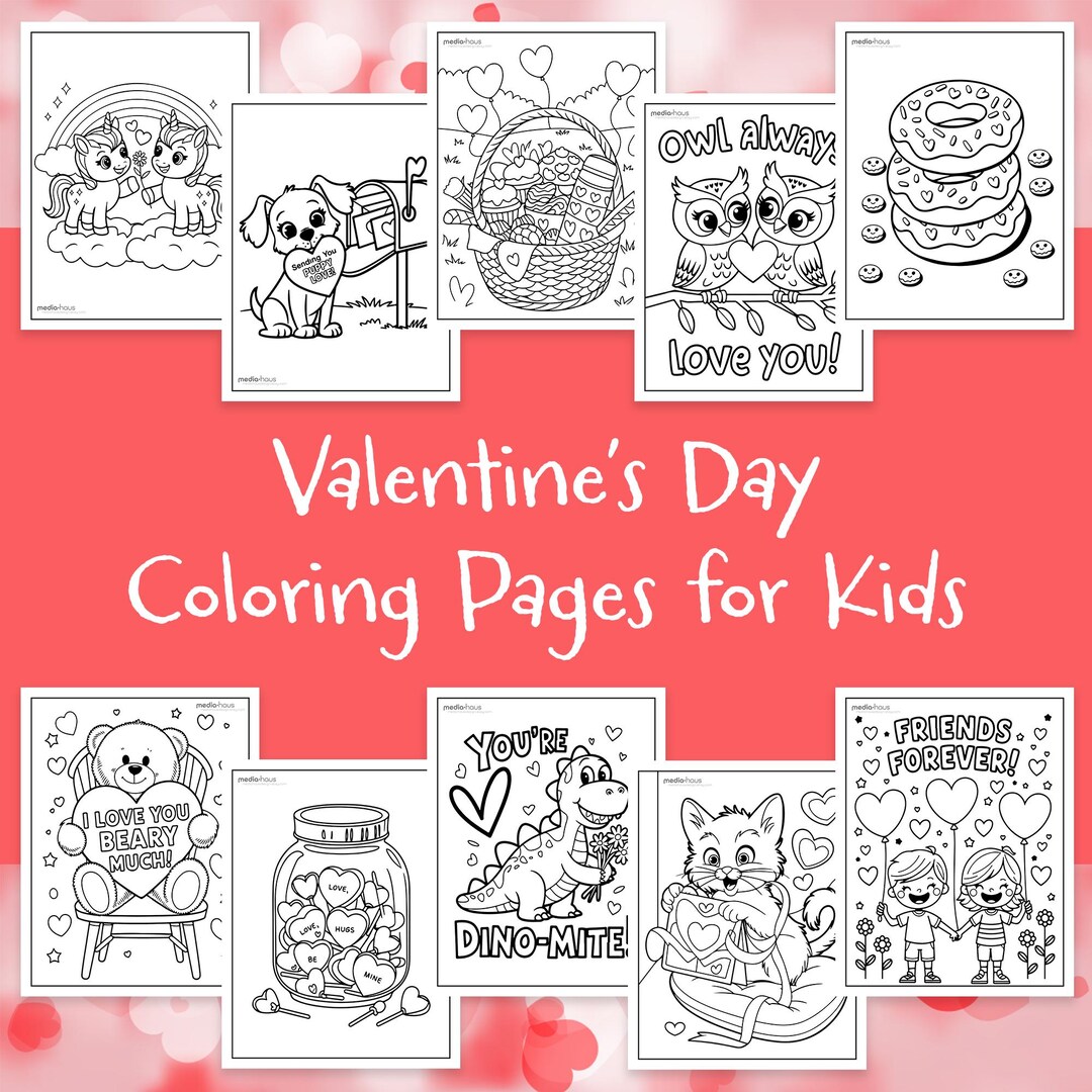 Kids Valentine Coloring Pages Digital Printable 10 Valentine-themed ...